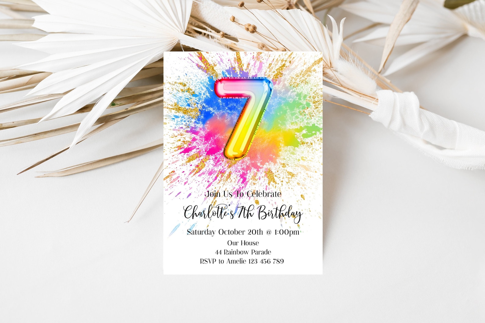 7th Rainbow Paint Splash Printable Birthday Invitation Editable ...