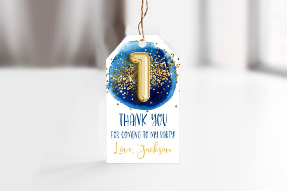 1st Birthday Printable Favor Tag Blue Gold Glitter First | Etsy