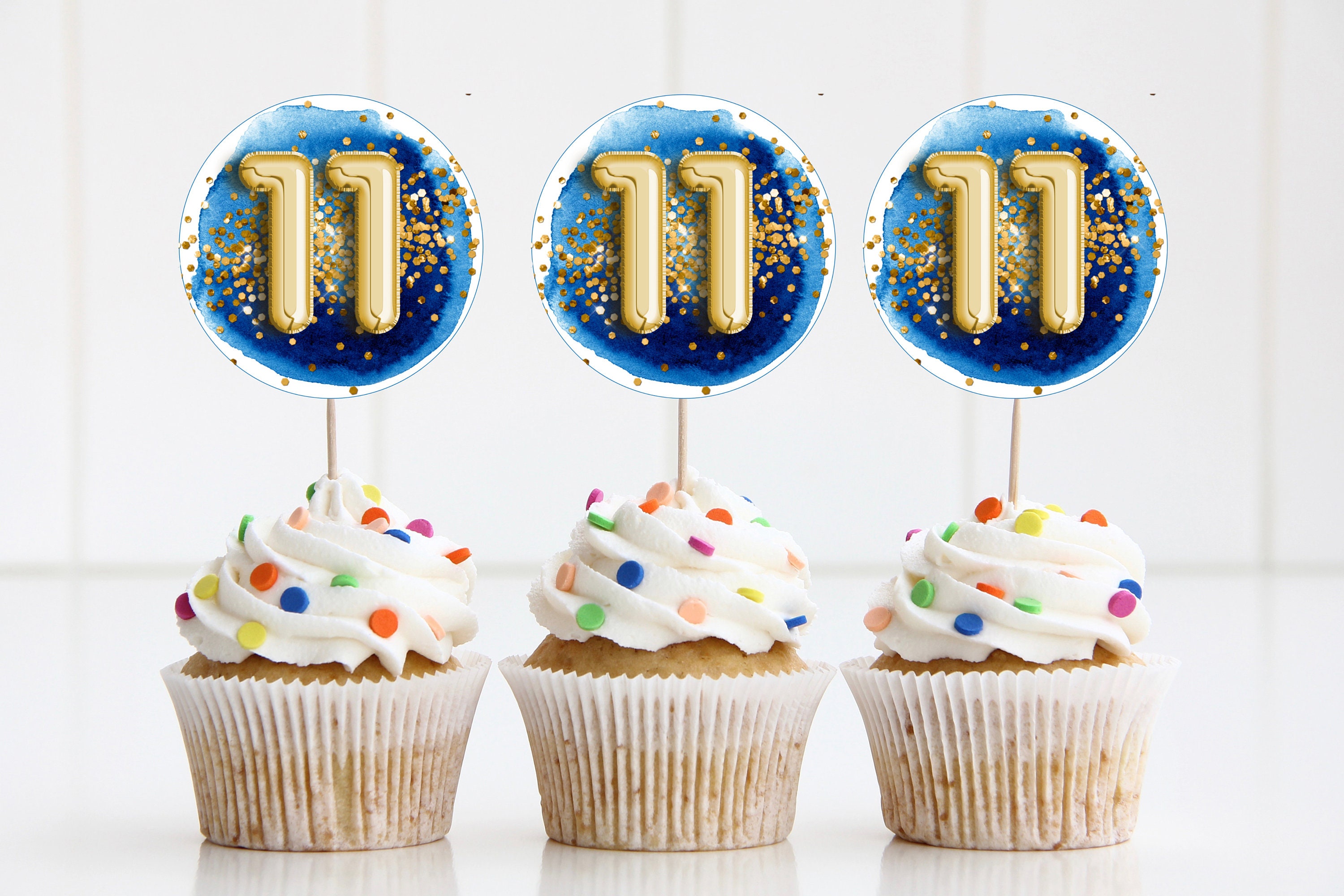 11th Birthday Cupcake Topper Blue Gold Glitter Birthday Girl - Etsy