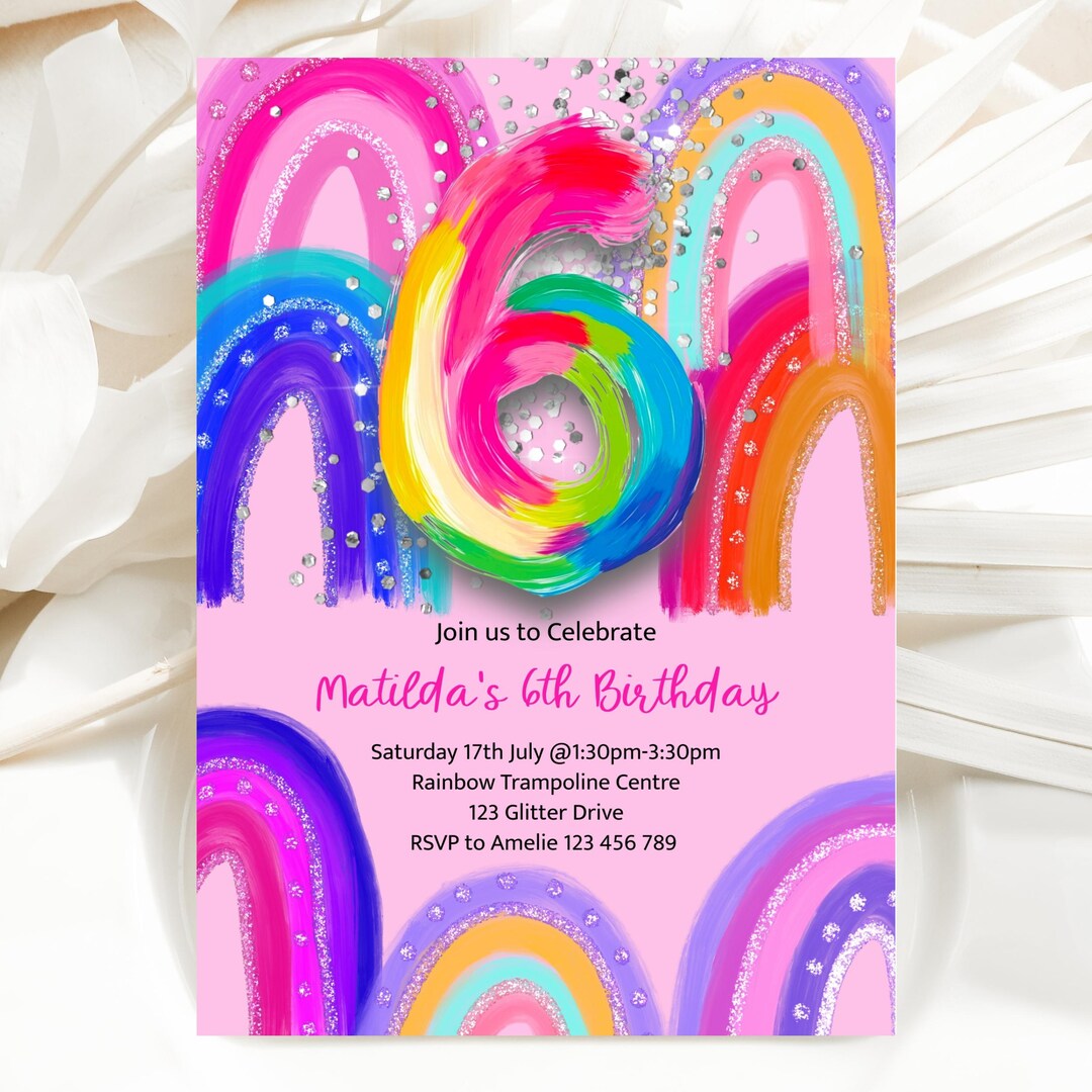 6th Rainbow Birthday Invitation, Rainbow Birthday Editable Invite, 6th ...