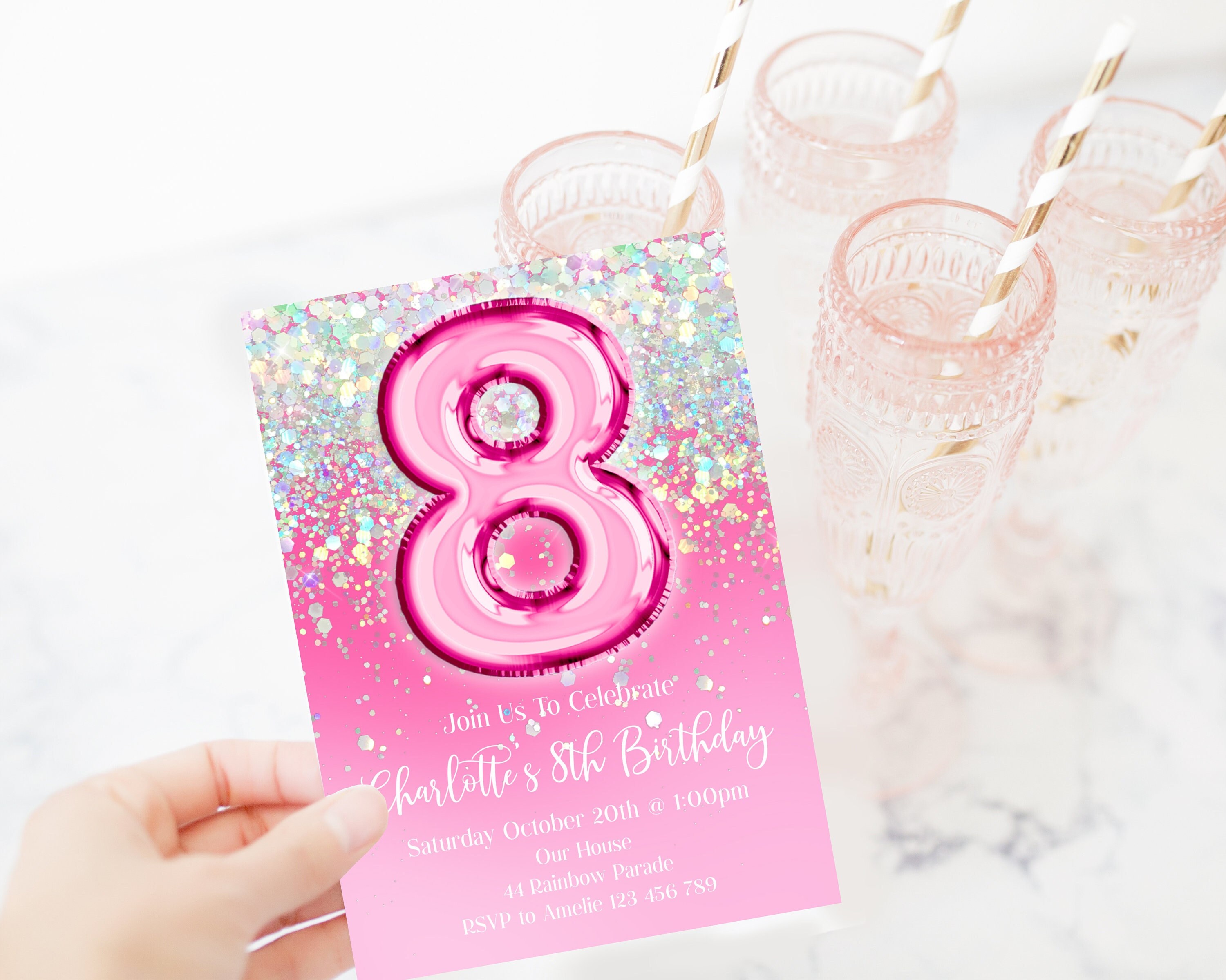 Paper Paper & Party Supplies Editable Pink Holographic 8th Birthday ...