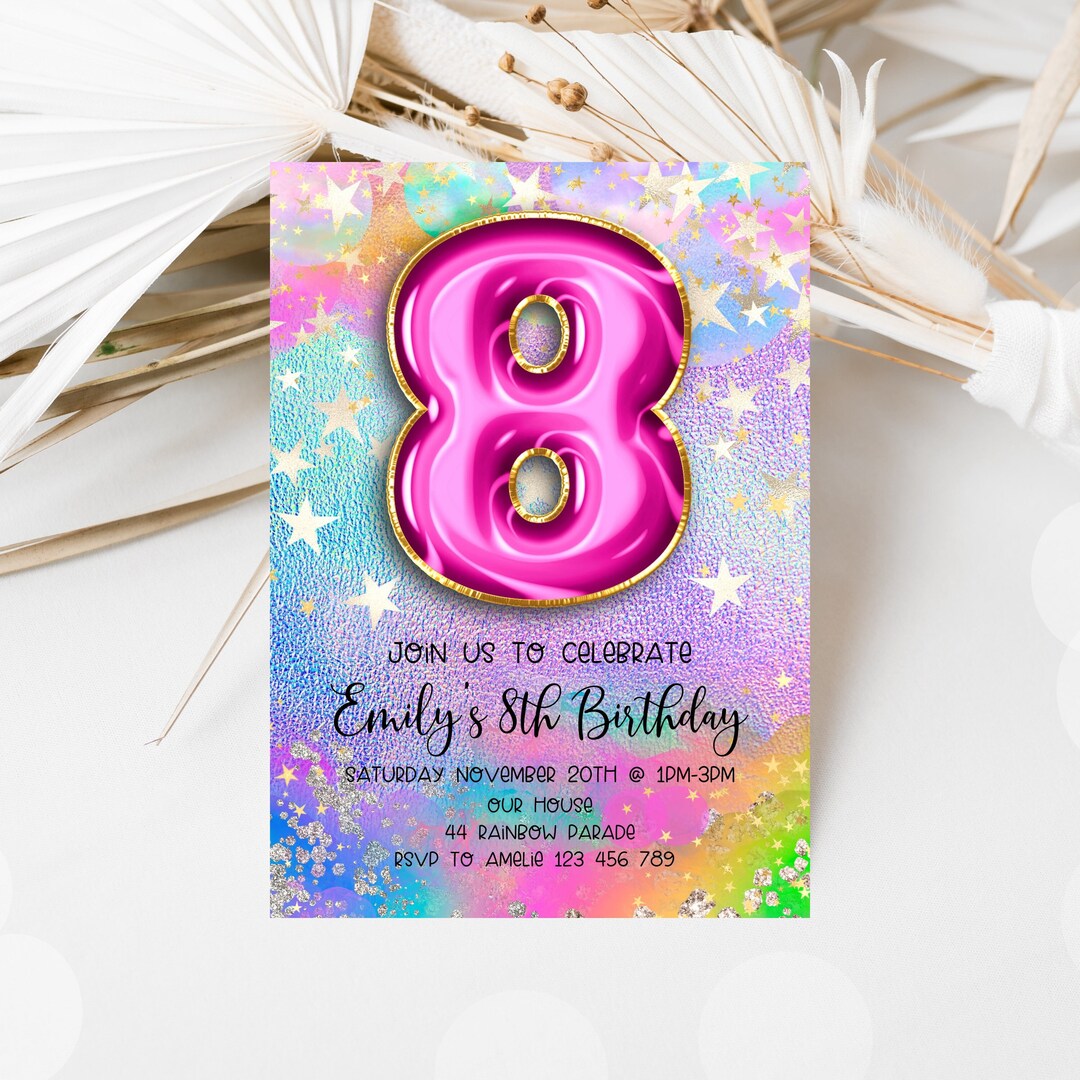 Pink 8th Birthday Invitation Editable Purple Birthday Invitation, Hot ...