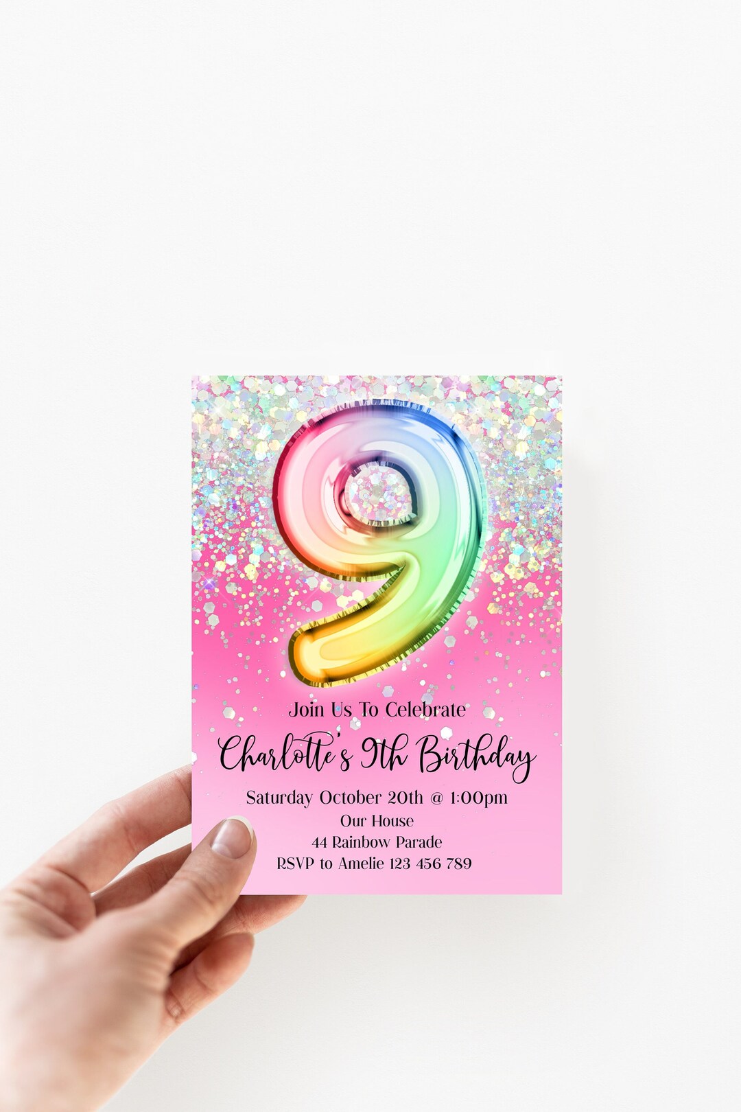 9th Rainbow Pink Birthday Invitation Editable Pink Glitter Birthday ...