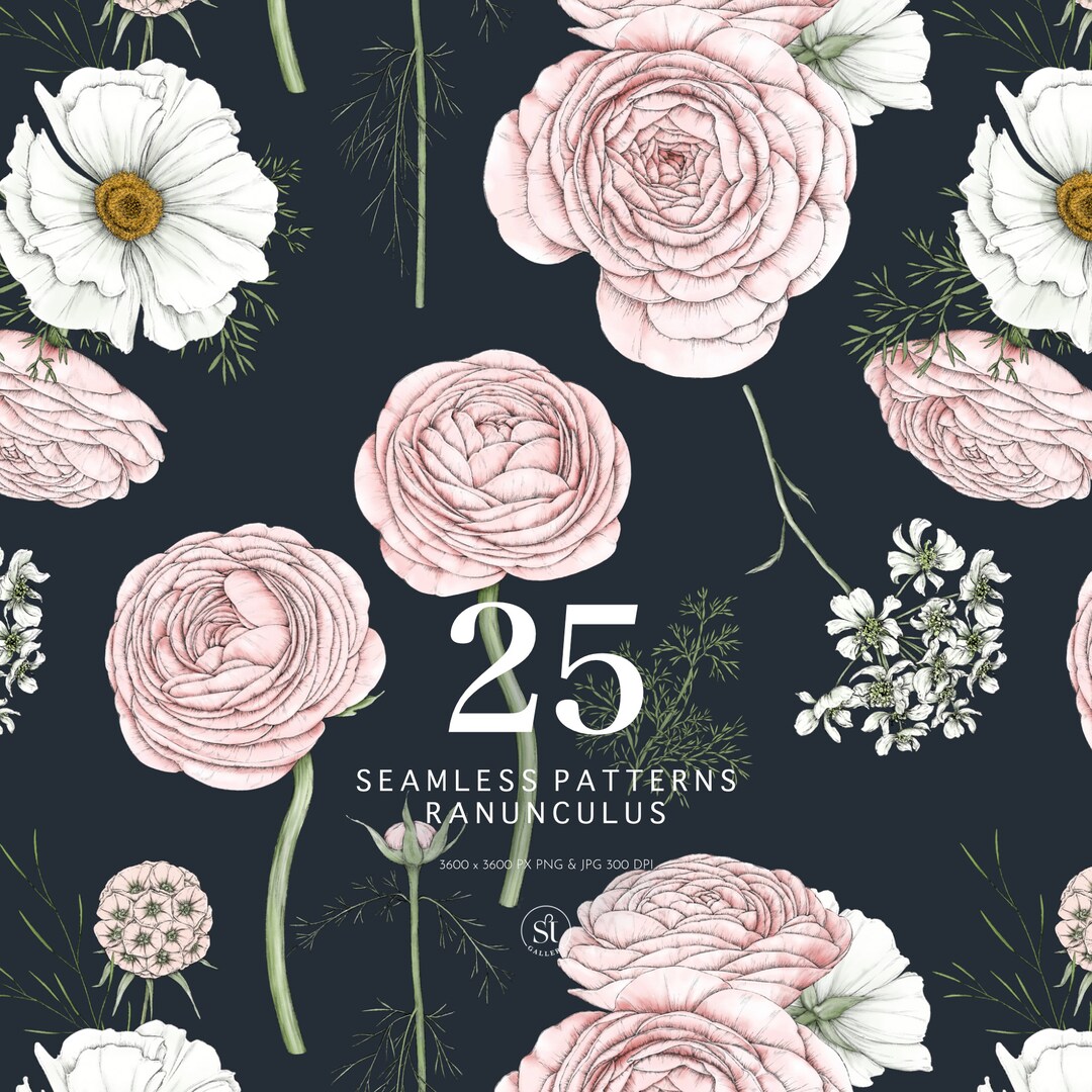 Ranunculus Flower Seamless Pattern, Watercolor Clipart (PNG Digital ...