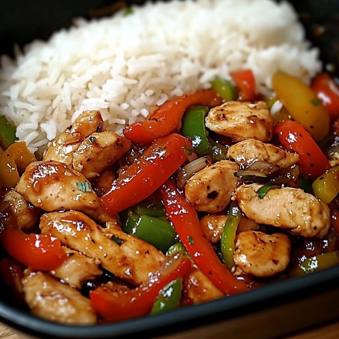 Sizzling Garlic Chicken Stir-fry With Peppers & Steamed Rice Recipe ...