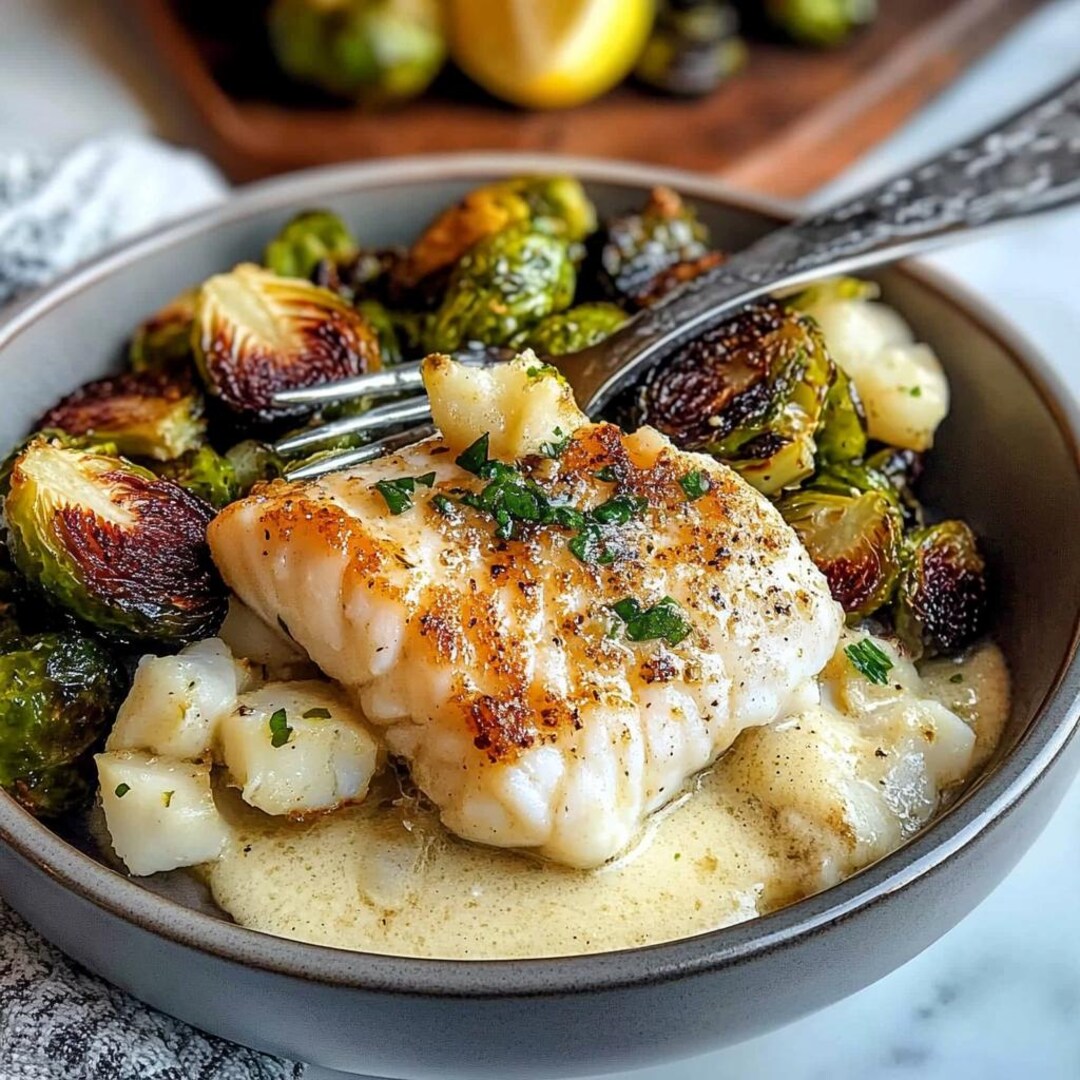 Lemon Garlic Butter Cod Bowls With Roasted Brussels Sprouts Recipe ...