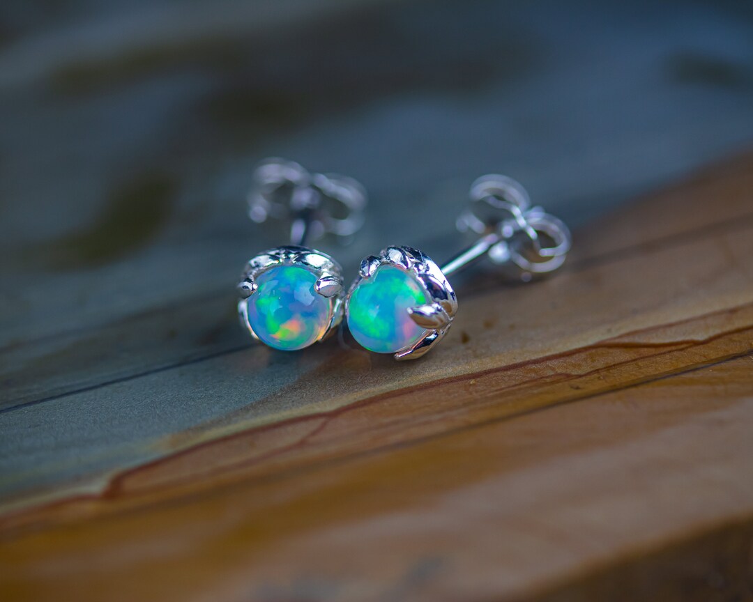 14k White Gold (solid) Fire Opal Stud Earrings | Genuine AAA Rainbow ...
