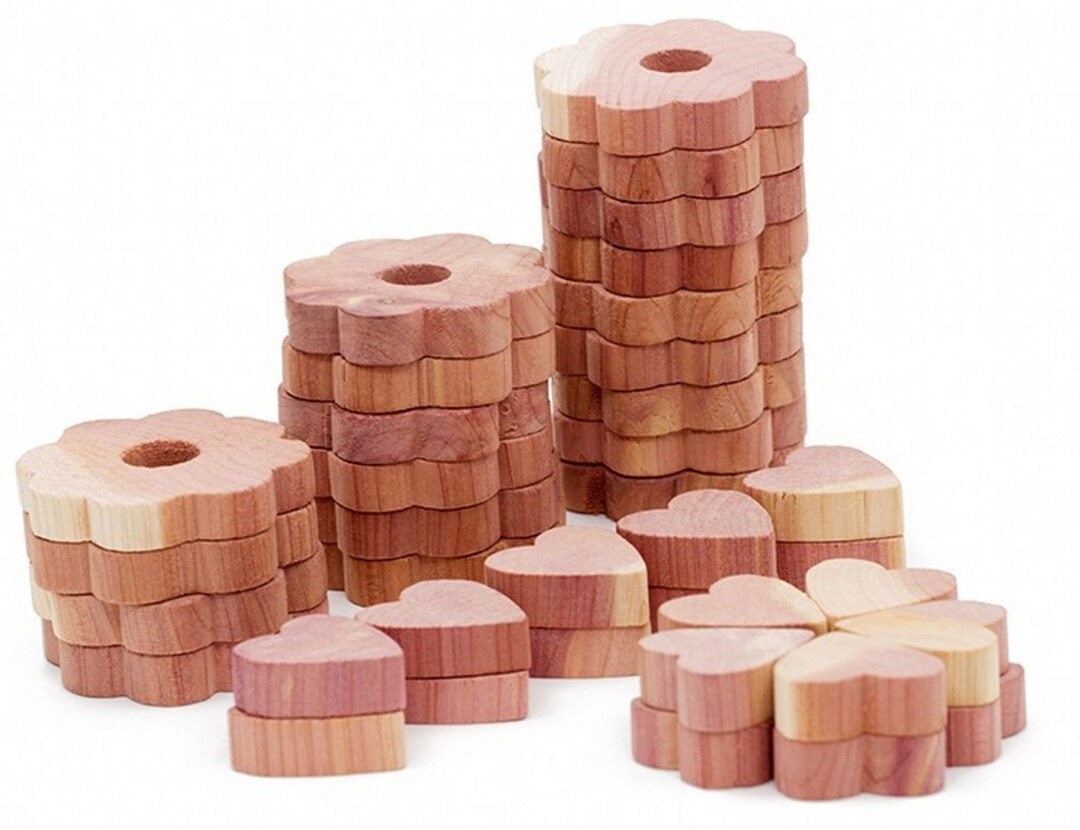 Aromatic Red Cedar Wood Heart Blocks and Flower Hanger Rings Moth Balls ...