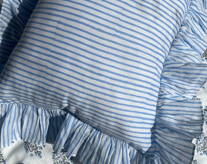 Light Blue Stripe Ruffle Blockprint Mini Cushion - Etsy