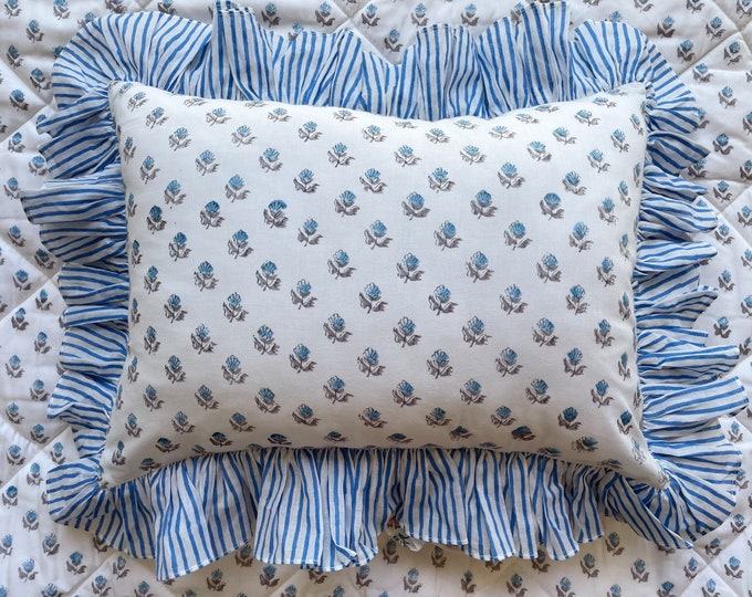 Ruffle Blockprint Mini Cushion - Floral With Stripes - Etsy