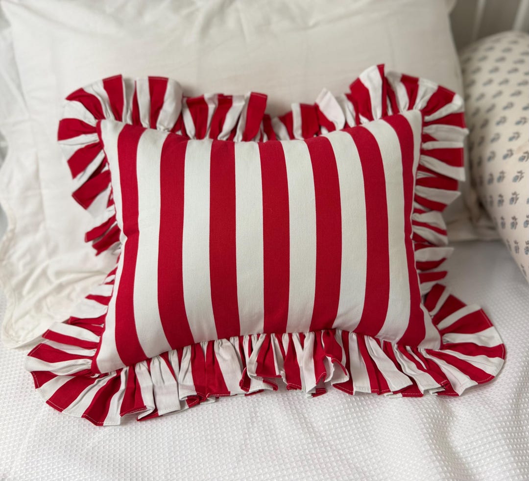 Red Stripe Ruffle Cotton Drill Cushion - Etsy