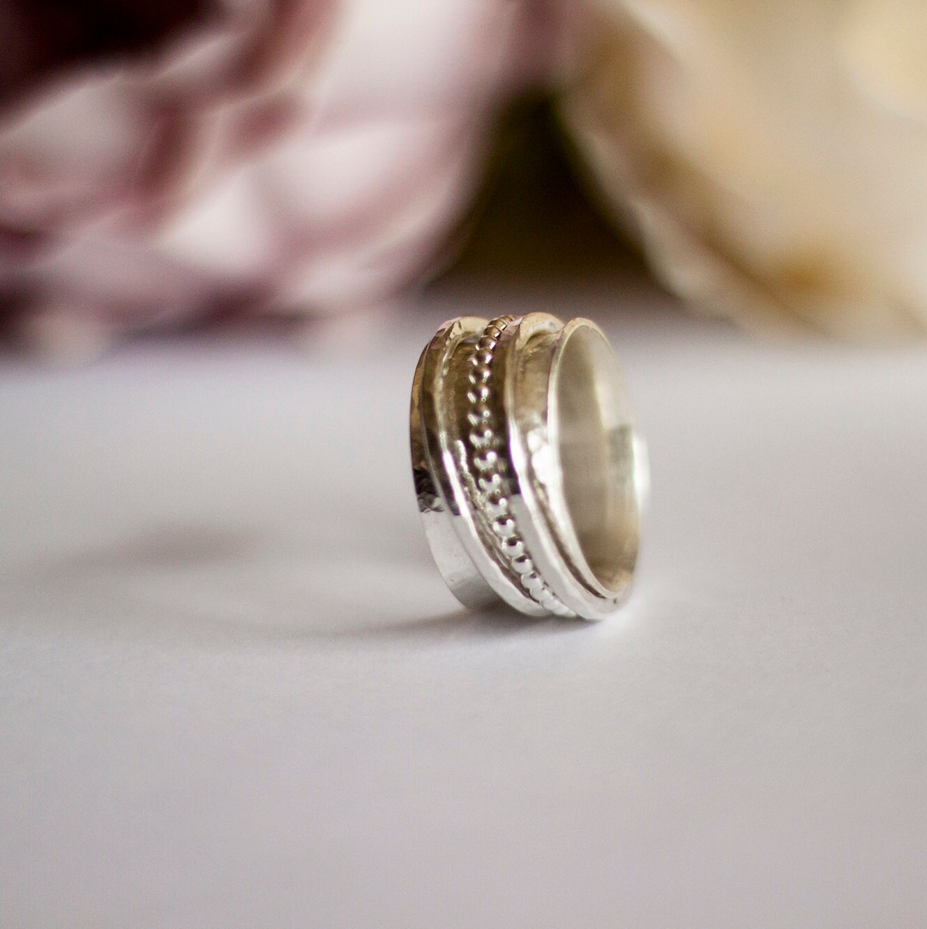 Handmade Silver Hammered Spinner Ring With 3 Hammered & Beaded | Etsy