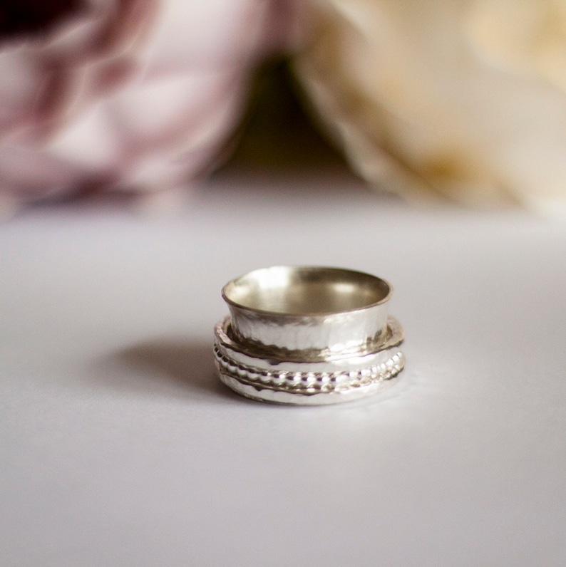 Handmade Silver Hammered Spinner Ring With 3 Hammered & Beaded | Etsy
