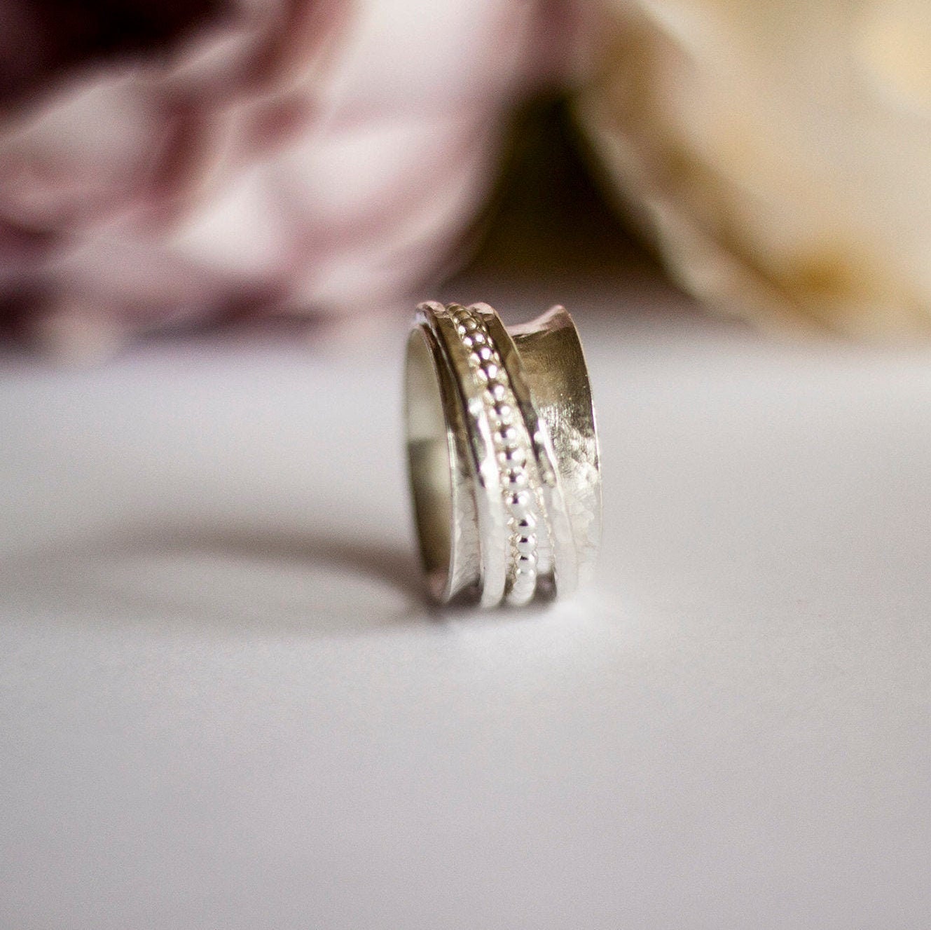 Handmade Silver Hammered Spinner Ring With 3 Hammered & Beaded | Etsy
