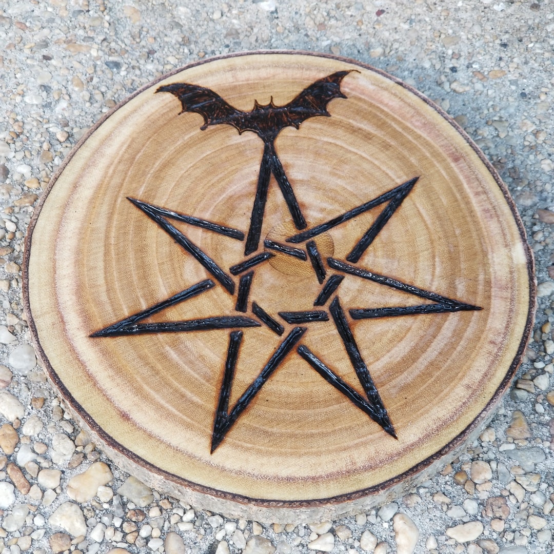 Altar Plate W/ Bat & Septagram Hand Burned Live Edge Wood - Etsy
