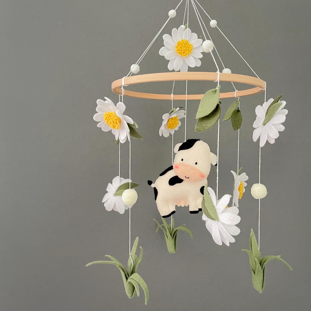 Farm Cow Baby Mobile With Daisy and Grass | Soft Felt Nursery Decor for ...