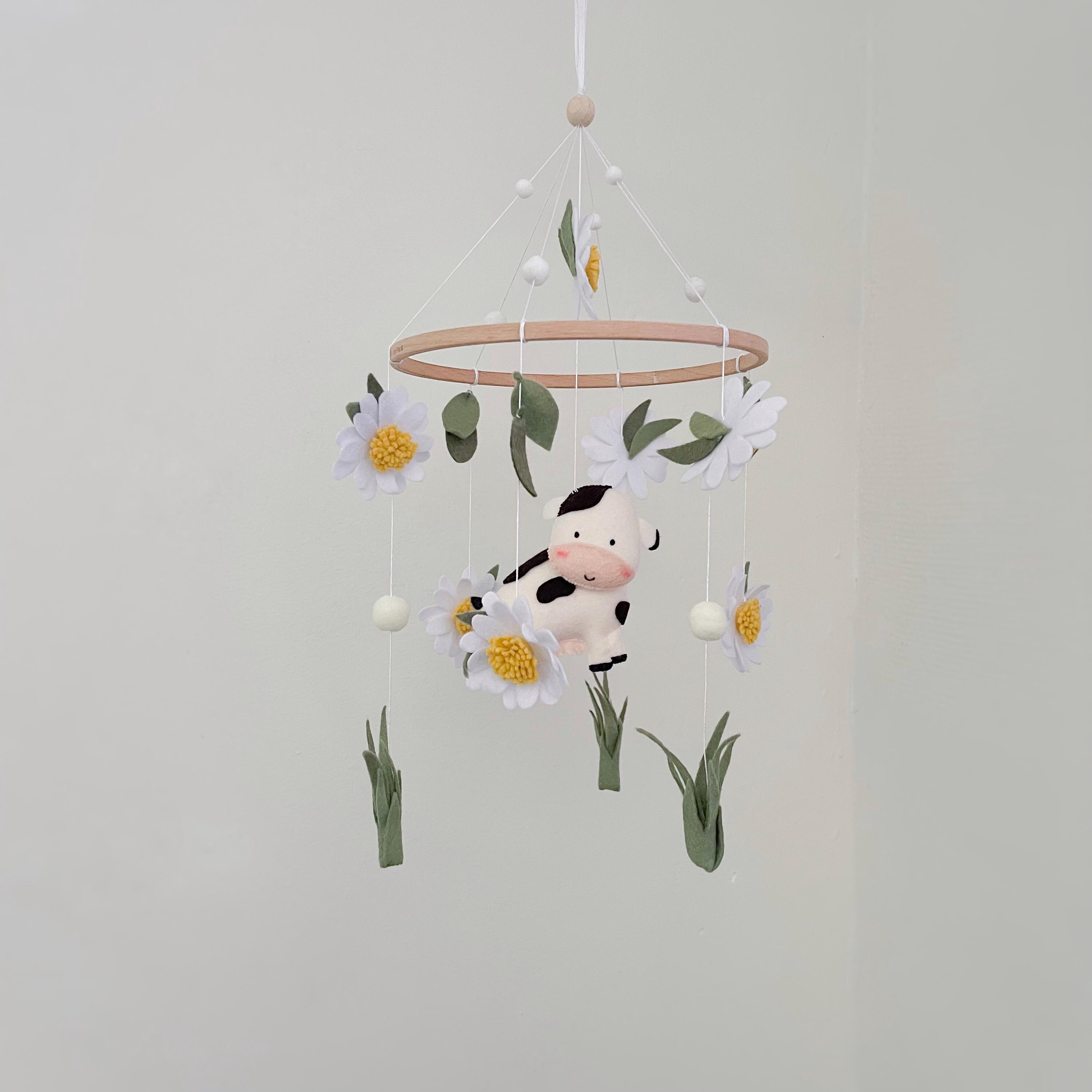Farm Cow Baby Mobile With Daisy and Grass | Soft Felt Nursery Decor for ...
