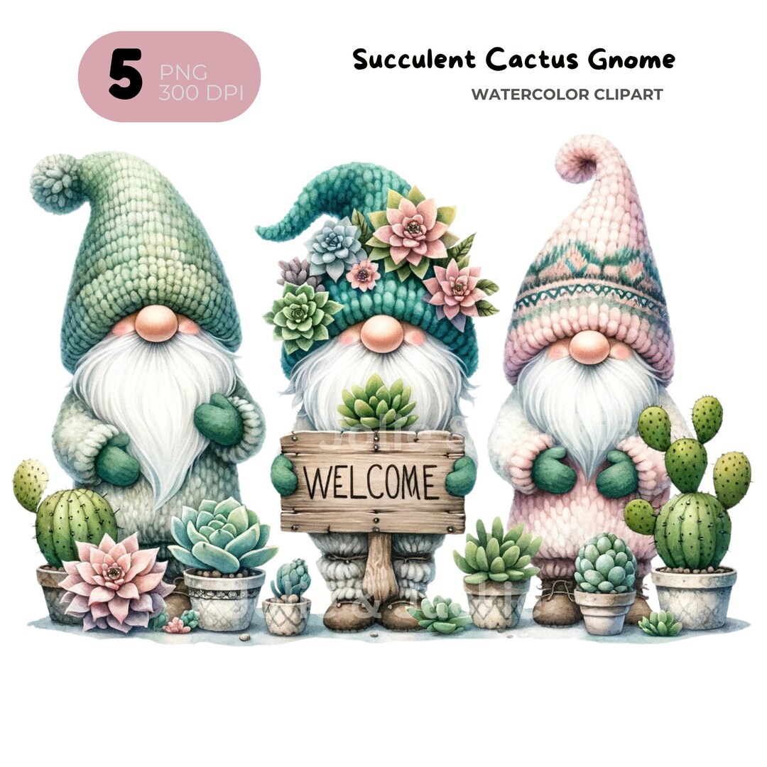 Watercolor Succulent Cactus Gnome Clipart Bundle Png, Succulent Garden ...