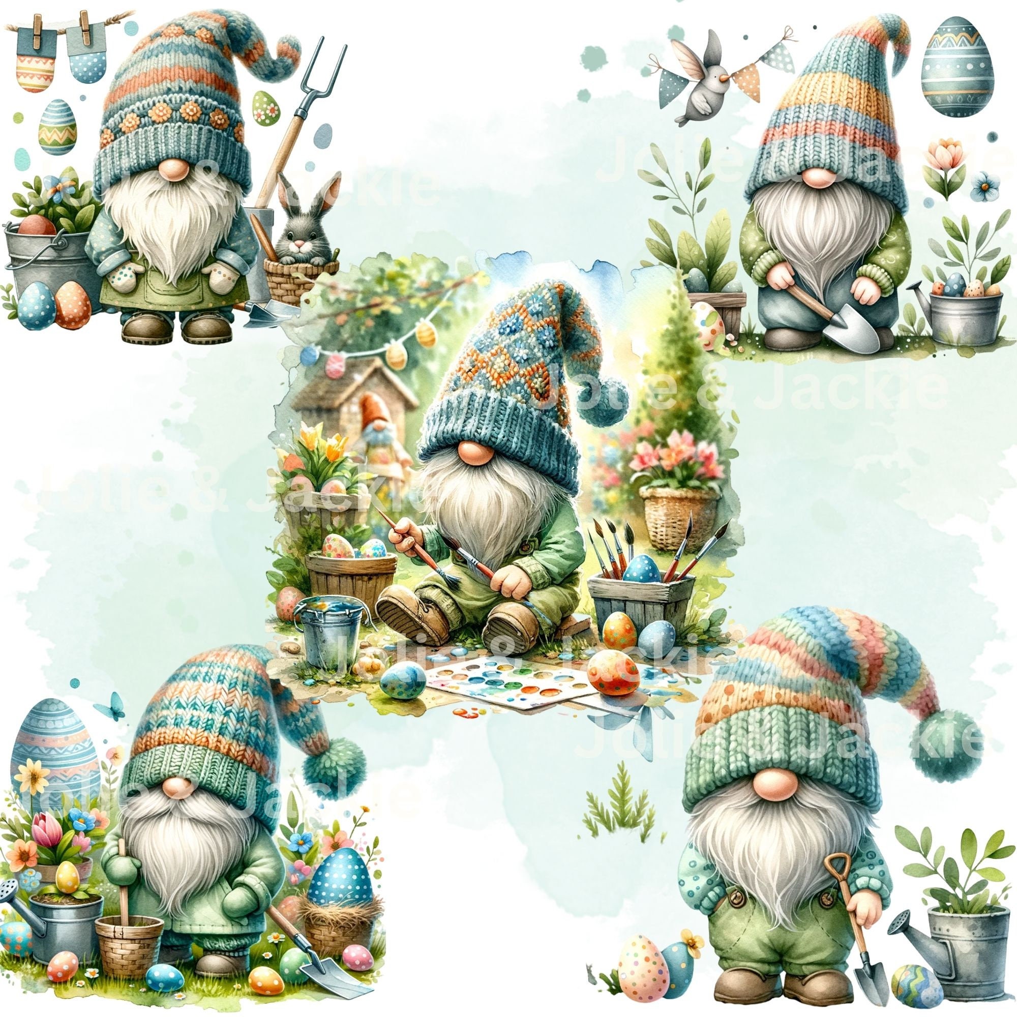 Watercolor Easter Gnome Clipart Bundle, Spring Garden PNG (digital ...