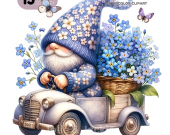 Watercolor Forget Me Not Flower Wreath Gnome Clipart Bundles, Gnome ...