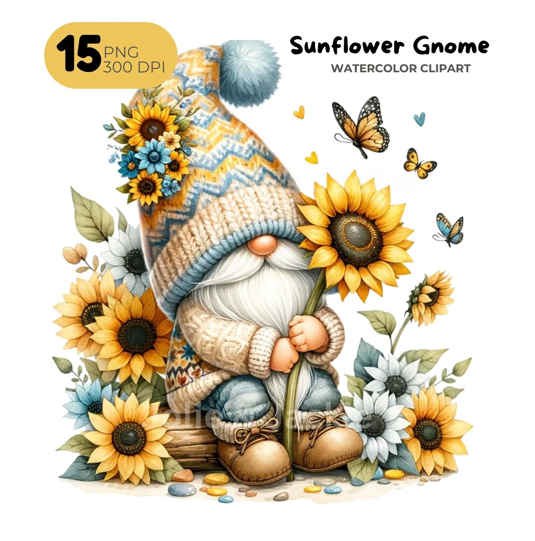 Watercolor Sunflowers Gnome Clipart Bundle Png, Garden Clipart, Spring ...