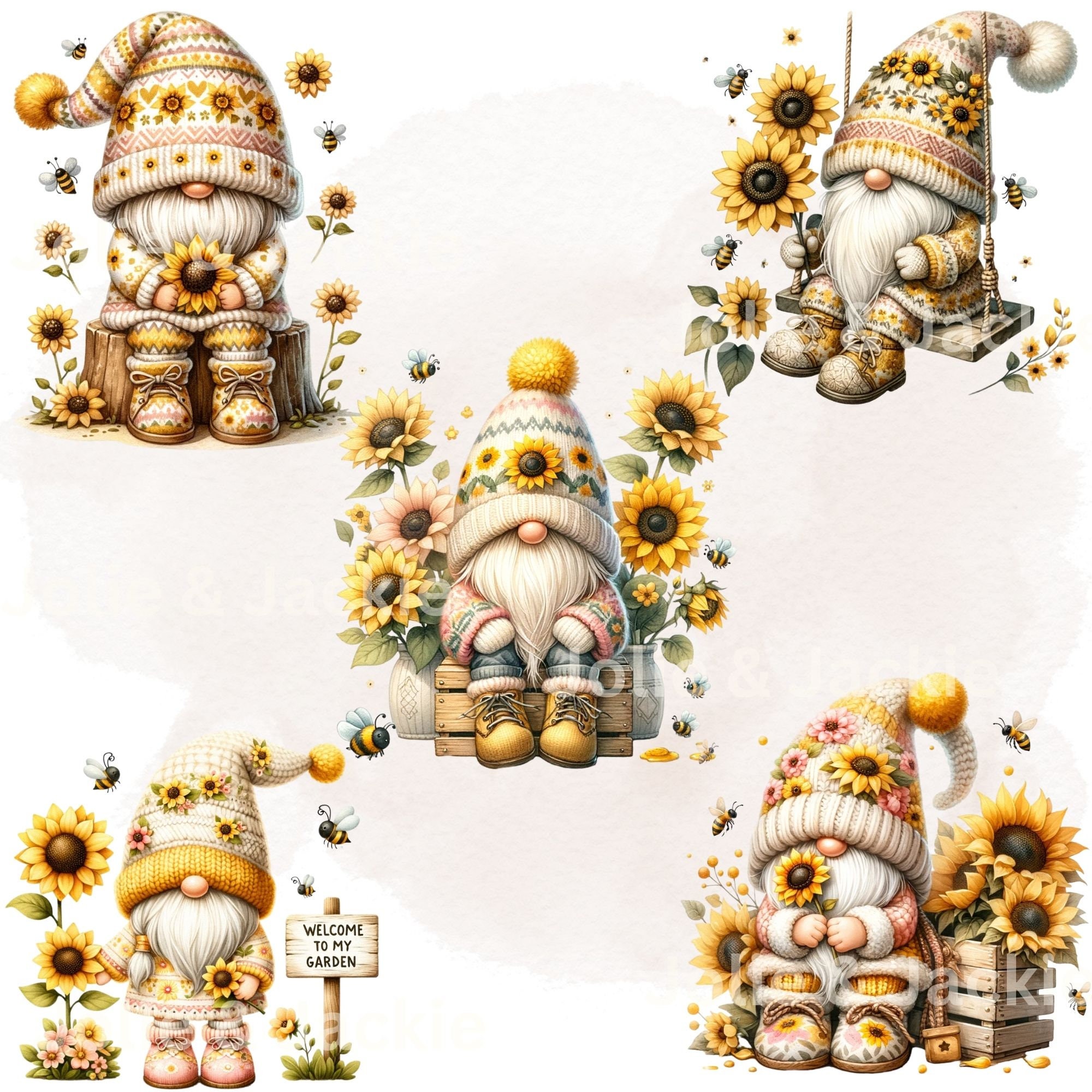 Watercolor Sunflower Bee Gnome Clipart PNG Garden Clipart Gnome Nursery ...