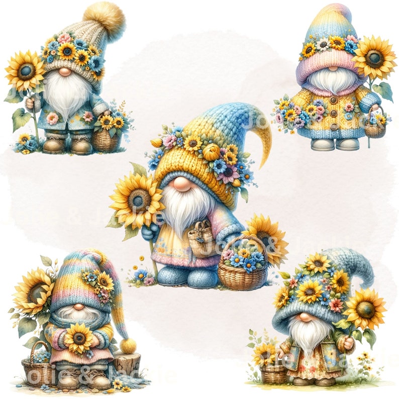 Watercolor Sunflowers Gnome Clipart Bundle Png, Garden Clipart, Spring ...