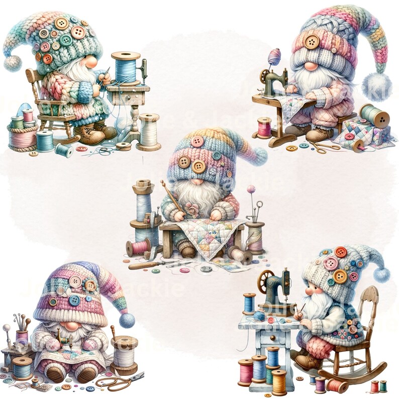 Watercolor Sewing Gnome Clipart PNG Bundle, Quilt Designs (digital ...