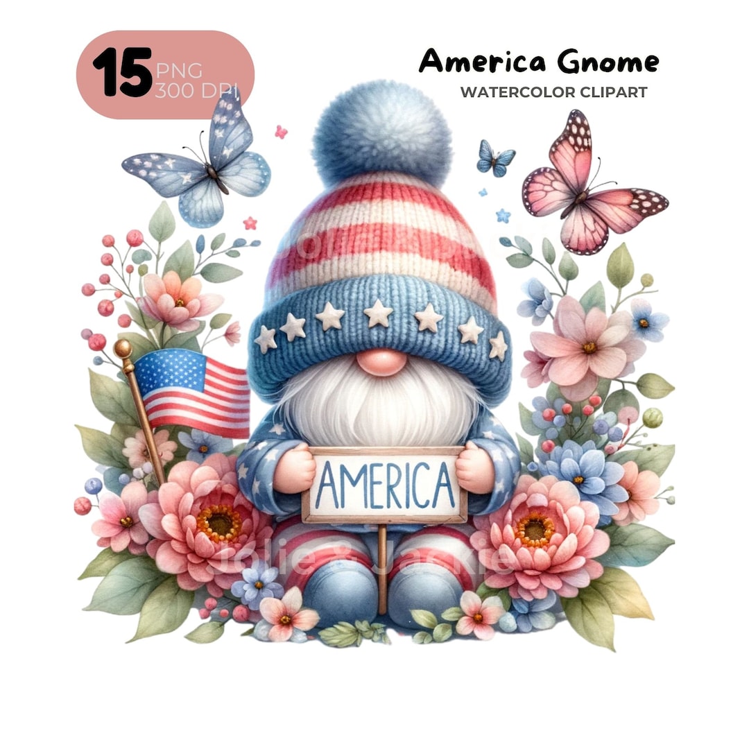 4th of July Gnome Clipart, 15 PNG American Gnome Clip Art, USA Flag ...