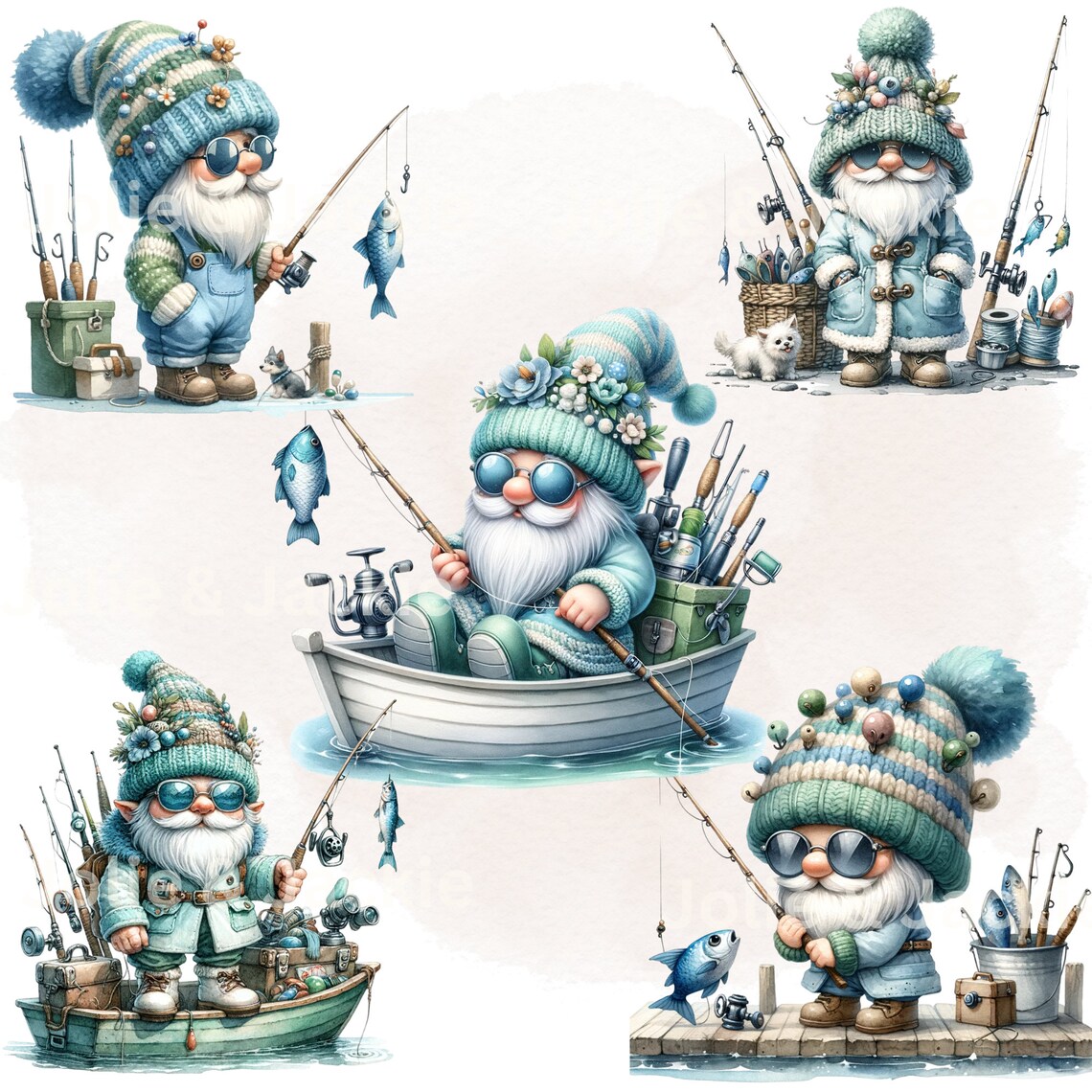 Watercolor Fishing Gnome Clipart Bundle (PNG) - Etsy