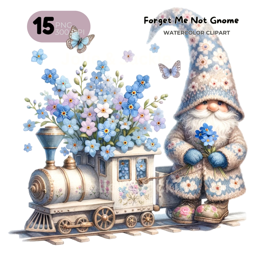 Watercolor Forget Me Not Gnome Clipart, Spring Garden Design (PNG) - Etsy