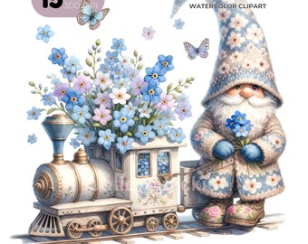 Watercolor Forget Me Not Flower Wreath Gnome Clipart Bundles, Gnome ...