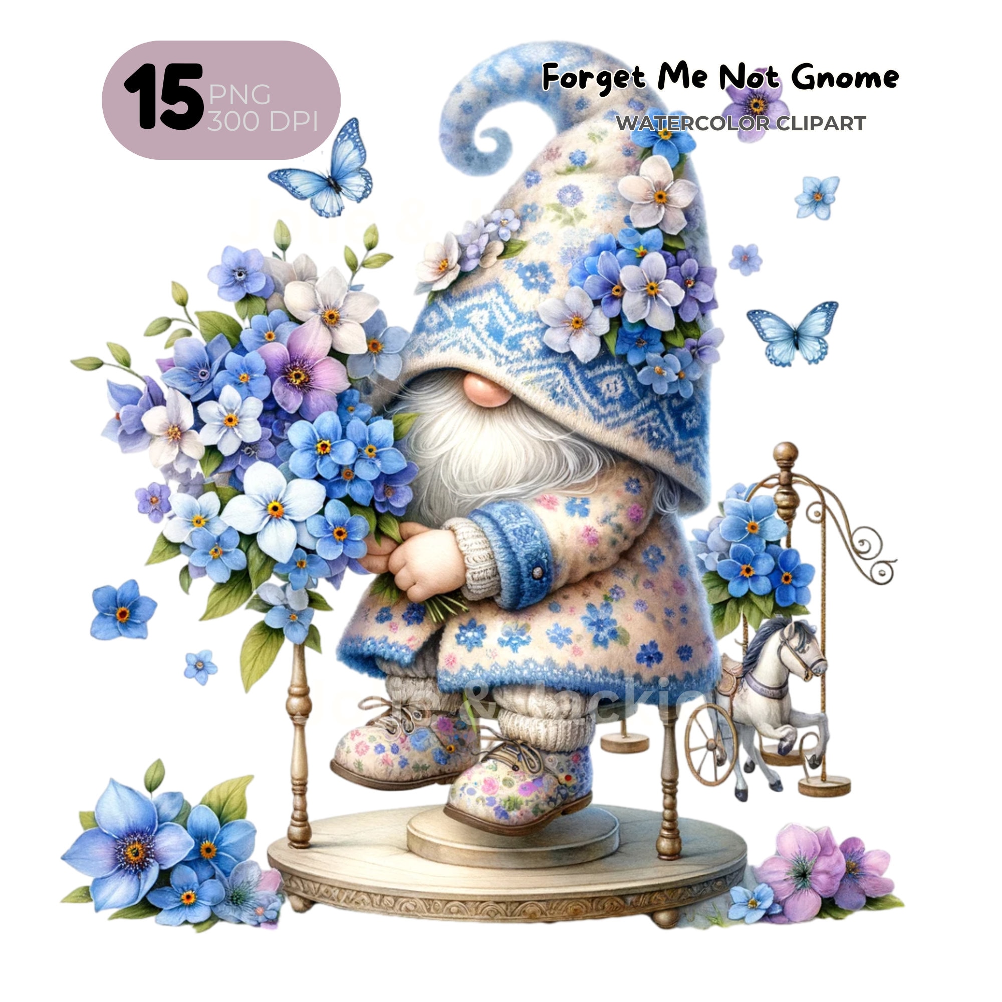 Watercolor Forget Me Not Flower Wreath Gnome Clipart Bundles, Gnome ...