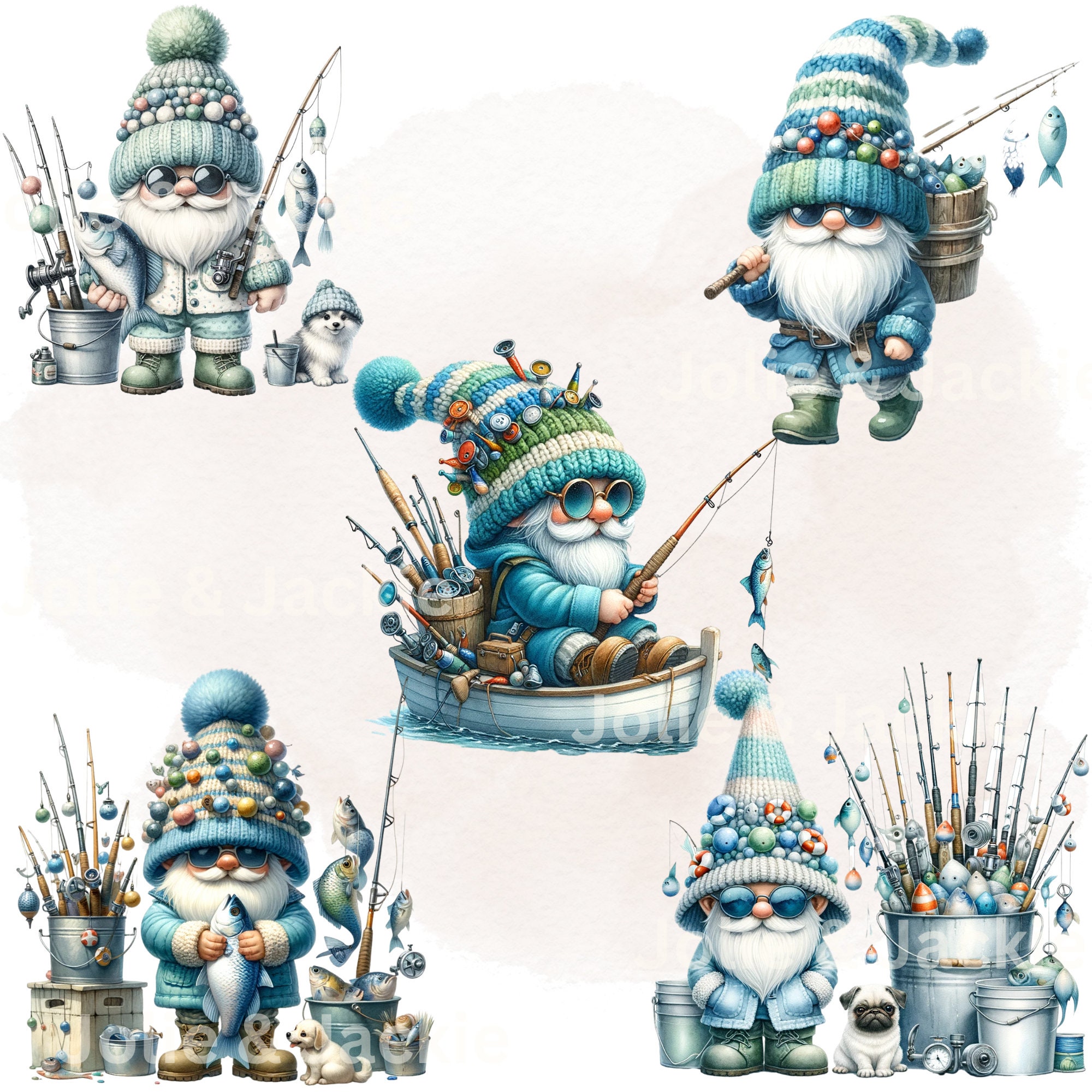Watercolor Fishing Gnome Clipart Bundle (PNG) - Etsy