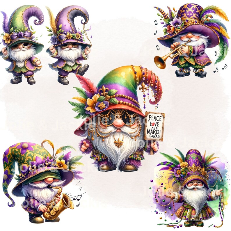Watercolor Mardi Gras Gnome Clipart, Fleur De Lis, Beads Necklace (PNG ...
