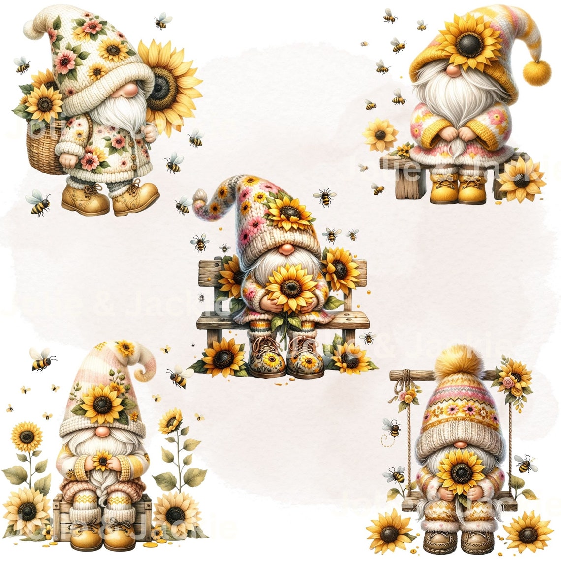 Watercolor Sunflower Bee Gnome Clipart PNG Garden Clipart Gnome Nursery ...