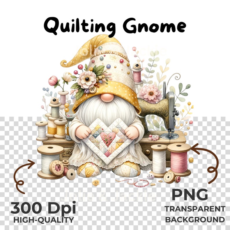Quilting Gnome Watercolor Clipart, Seamstress Sewing Machine (digital ...