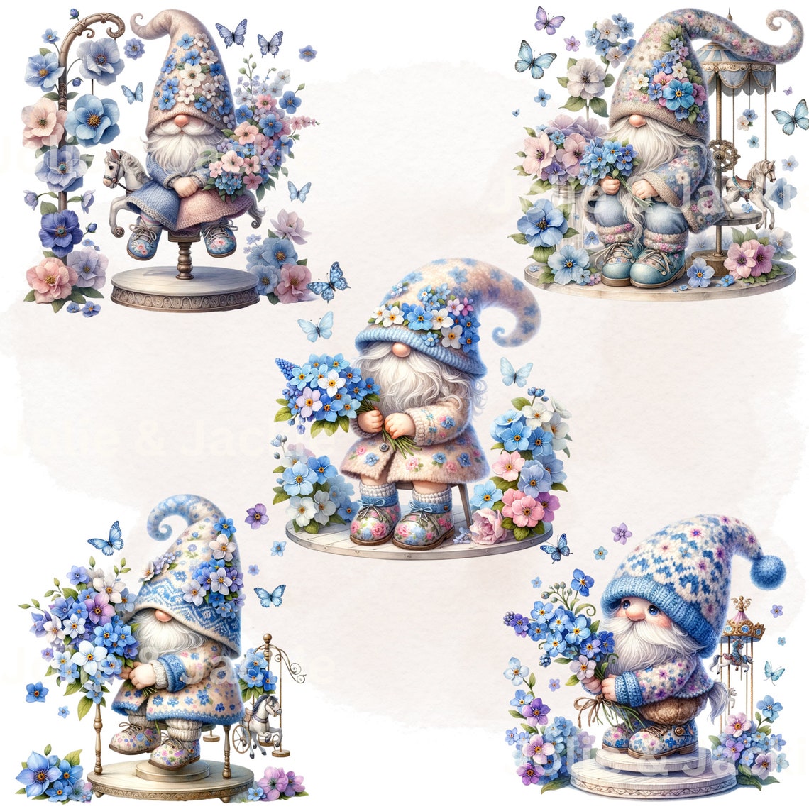 Watercolor Forget Me Not Flower Wreath Gnome Clipart Bundles, Gnome ...