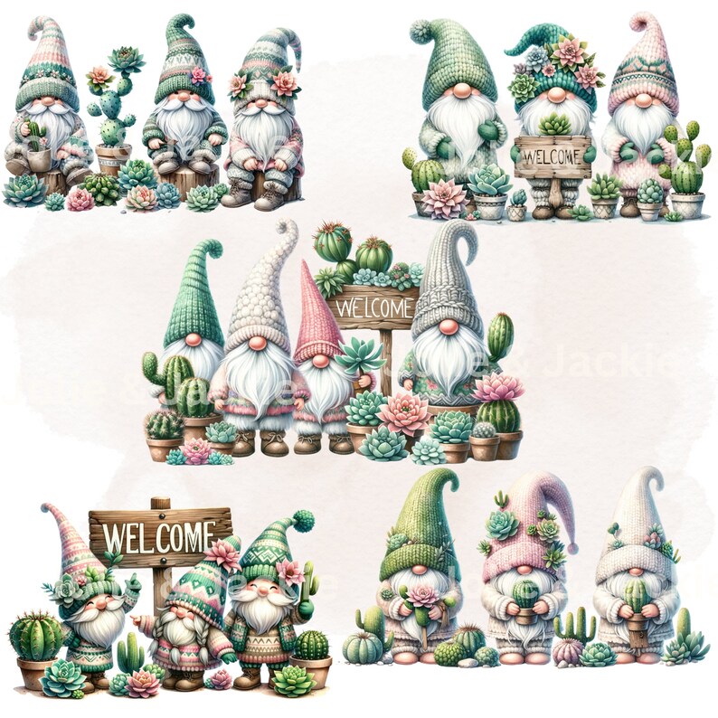 Watercolor Succulent Cactus Gnome Clipart Bundle Png, Succulent Garden ...
