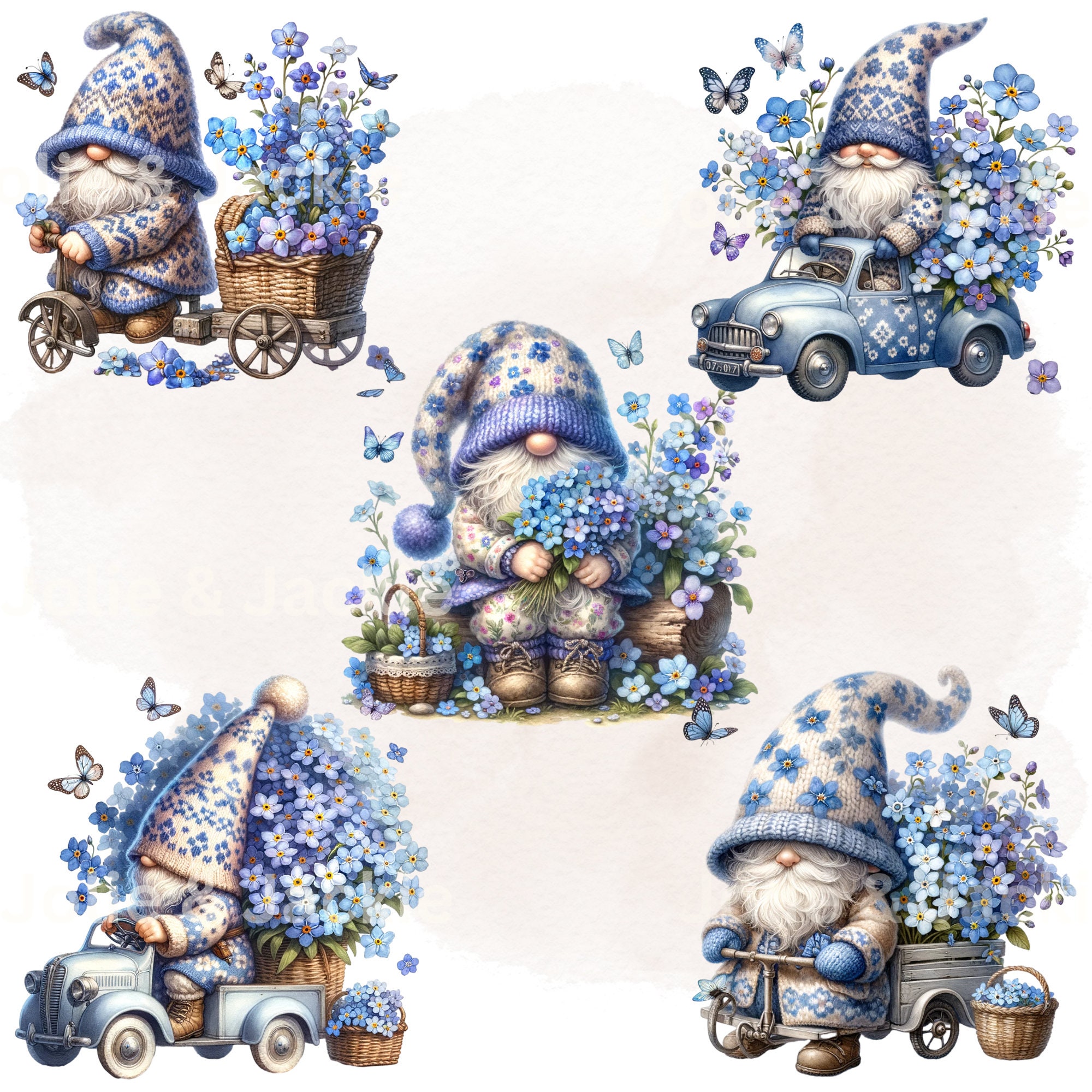 Watercolor Forget Me Not Flower Wreath Gnome Clipart Bundles, Gnome ...