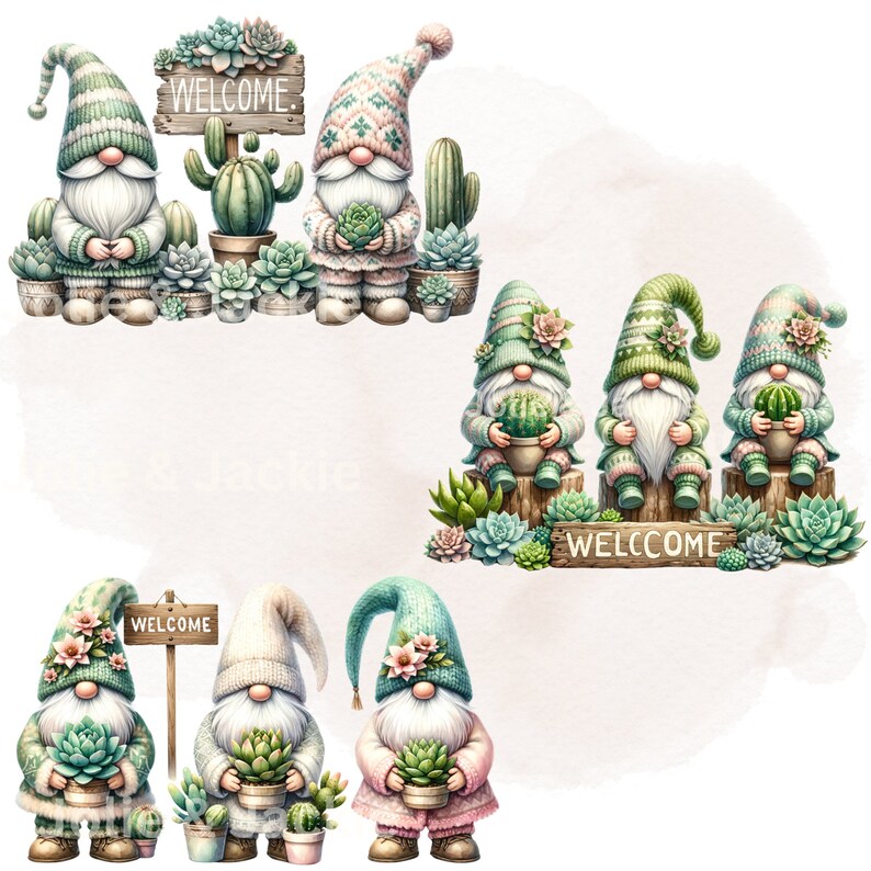 Watercolor Succulent Cactus Gnome Clipart Bundle Png, Succulent Garden ...