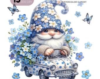 Watercolor Forget Me Not Flower Wreath Gnome Clipart Bundles, Gnome ...