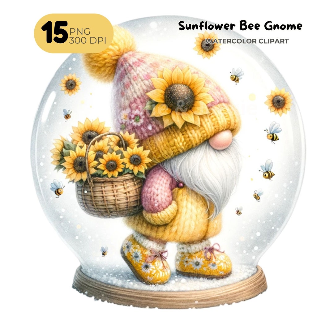Watercolor Sunflower Bee Gnome Clipart PNG Garden Clipart Gnome Nursery ...