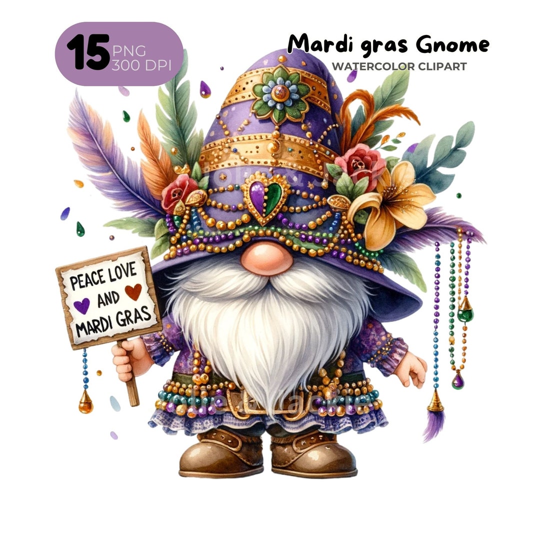 Watercolor Mardi Gras Gnomes Clipart, Festive Gnome PNG, Fleur De Lis ...