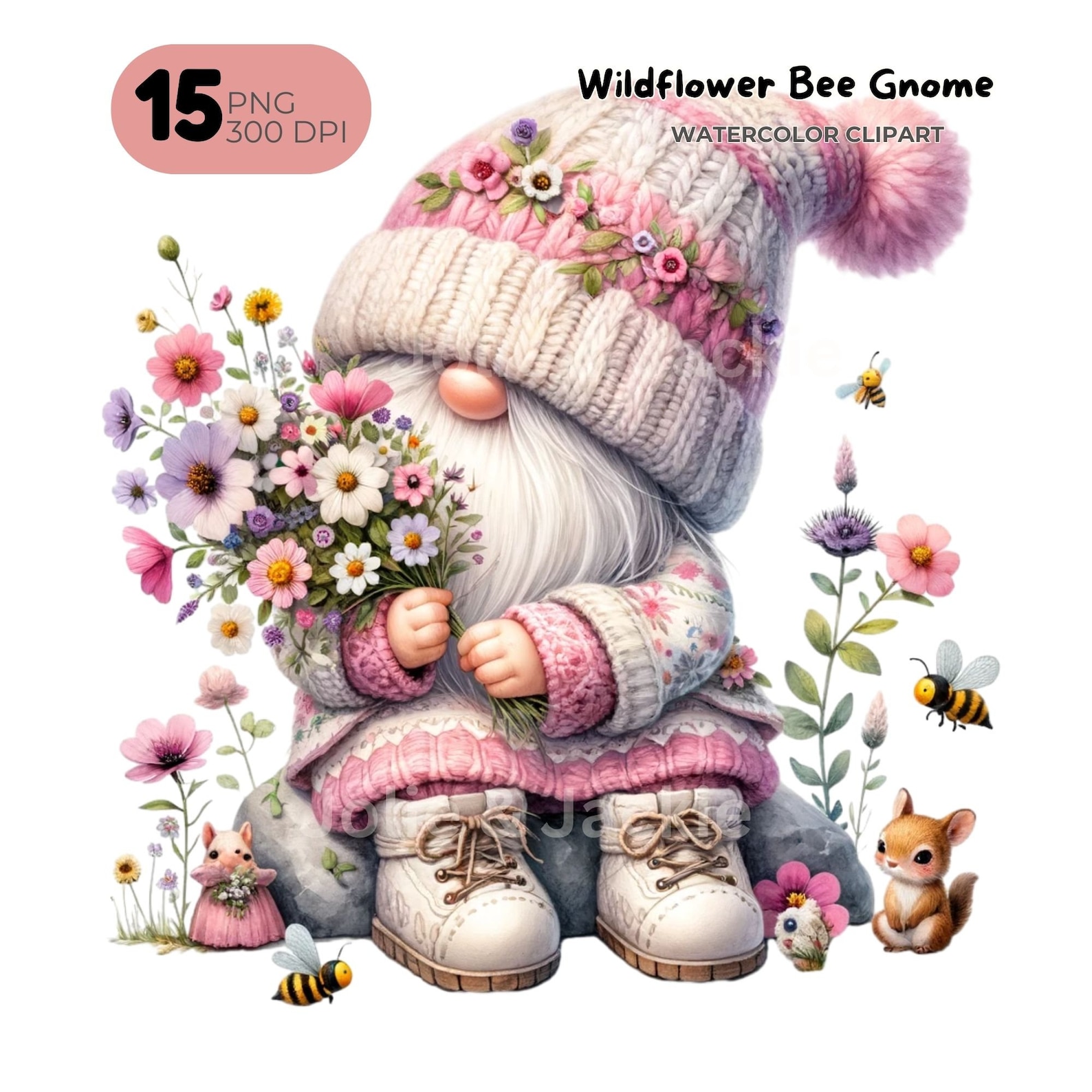 Watercolor Wildflower Bee Gnome Clipart PNG Garden Clipart Gnome ...