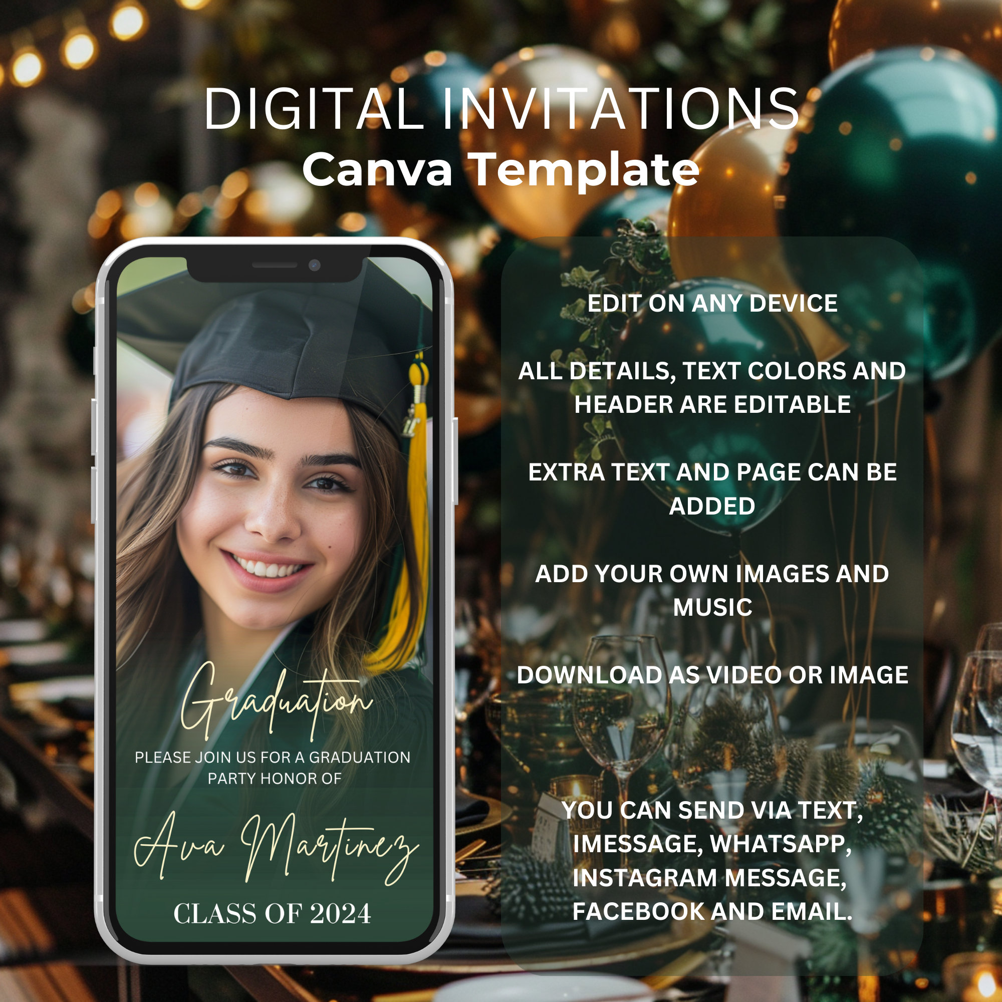 Green Grad Party Invitation Video Canva Digital Grad Party Invite Canva ...