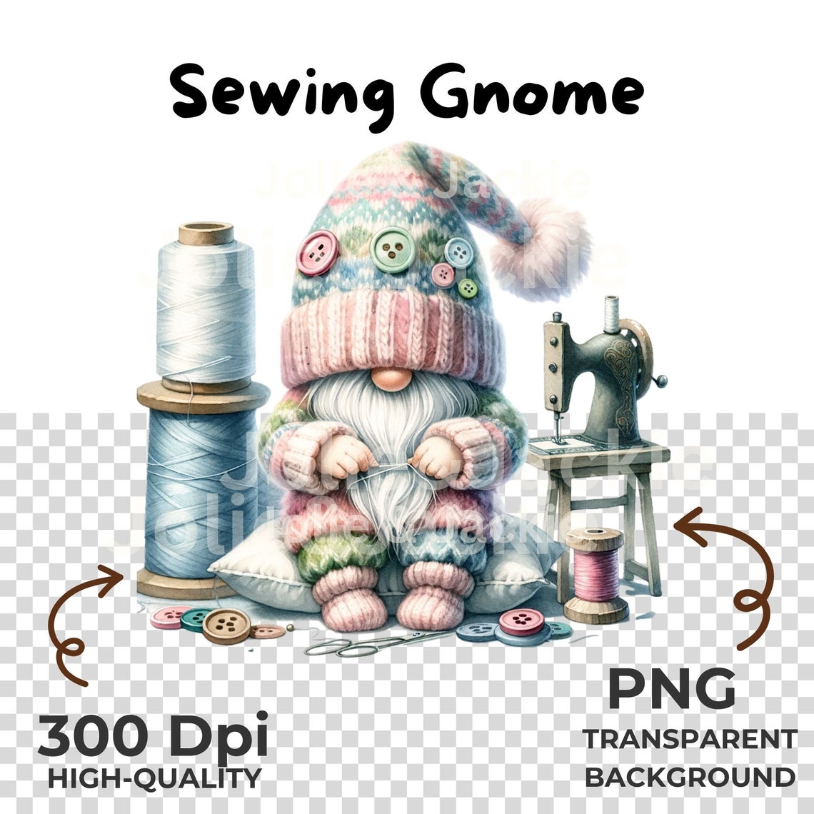 Watercolor Sewing Gnome Clipart PNG Bundle, Sewing Machine, Quilt ...