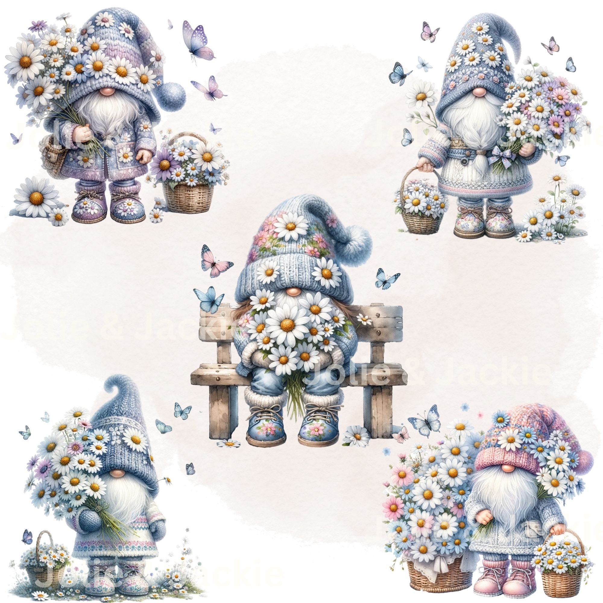 Watercolor Daisy Gnome Clipart Bundle Png, Garden Clipart, Spring Gnome ...