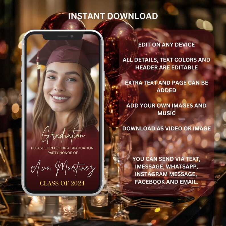 Maroon Graduation Party Invitation Digital Grad Announcement, High ...