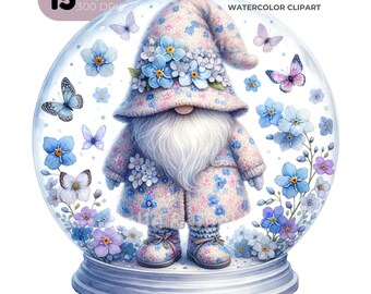 Watercolor Forget Me Not Flower Wreath Gnome Clipart Bundles, Gnome ...